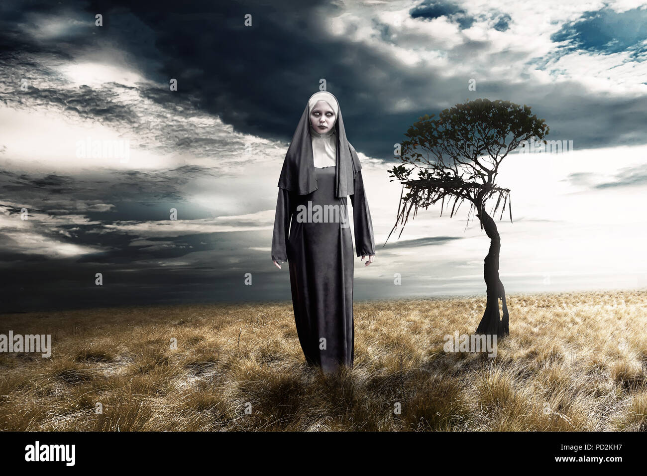 Scary devil nun with dark sky background. Halloween concept Stock Photo ...