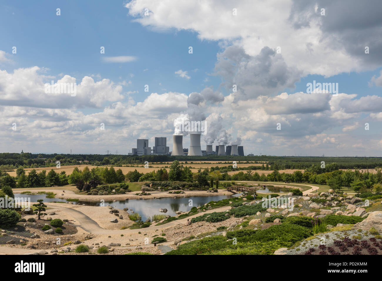 view to coal power plant boxberg from findlingspark nochten in germany ...