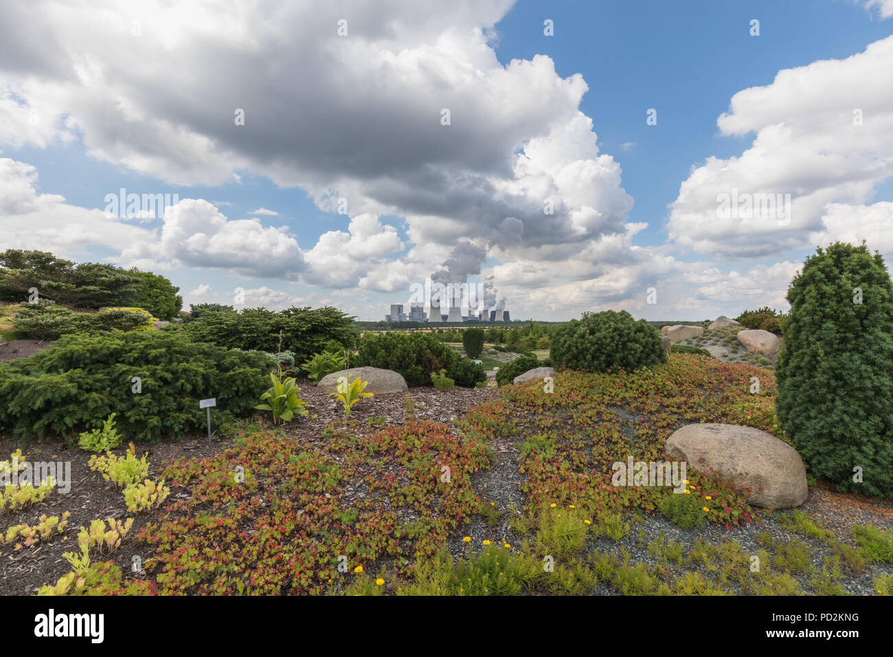 view to coal power plant boxberg from findlingspark nochten in germany ...