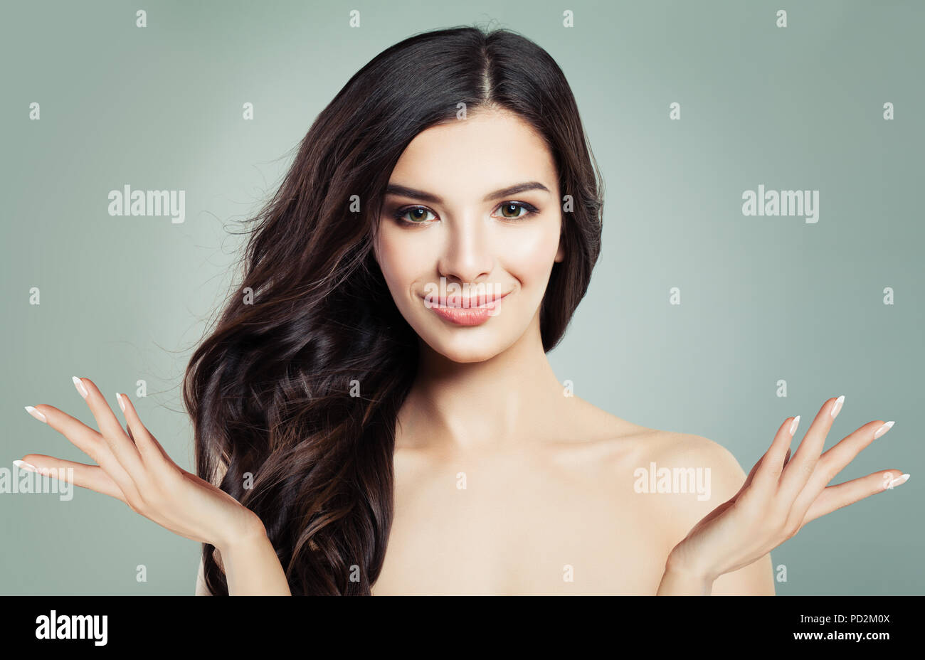 Young Happy Woman Spa Model with Healthy Skin and Long Wavy Hairstyle ...