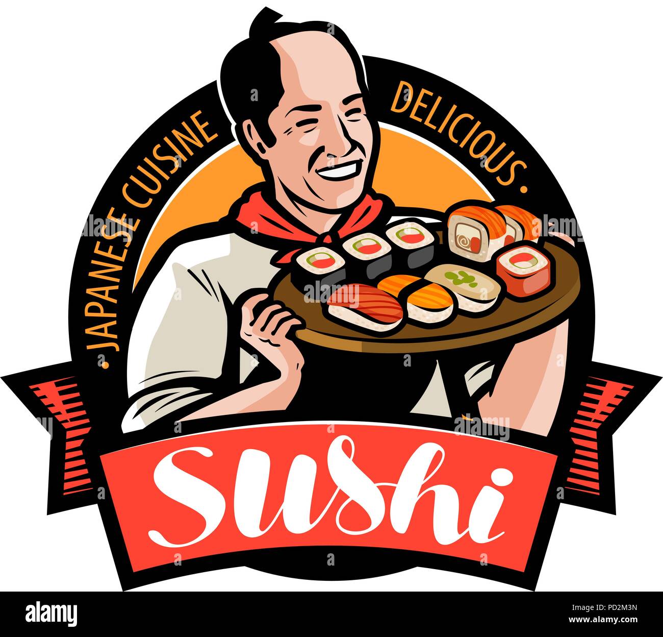 Sushi food logo or label. Japanese cuisine, restaurant emblem. Vector ...