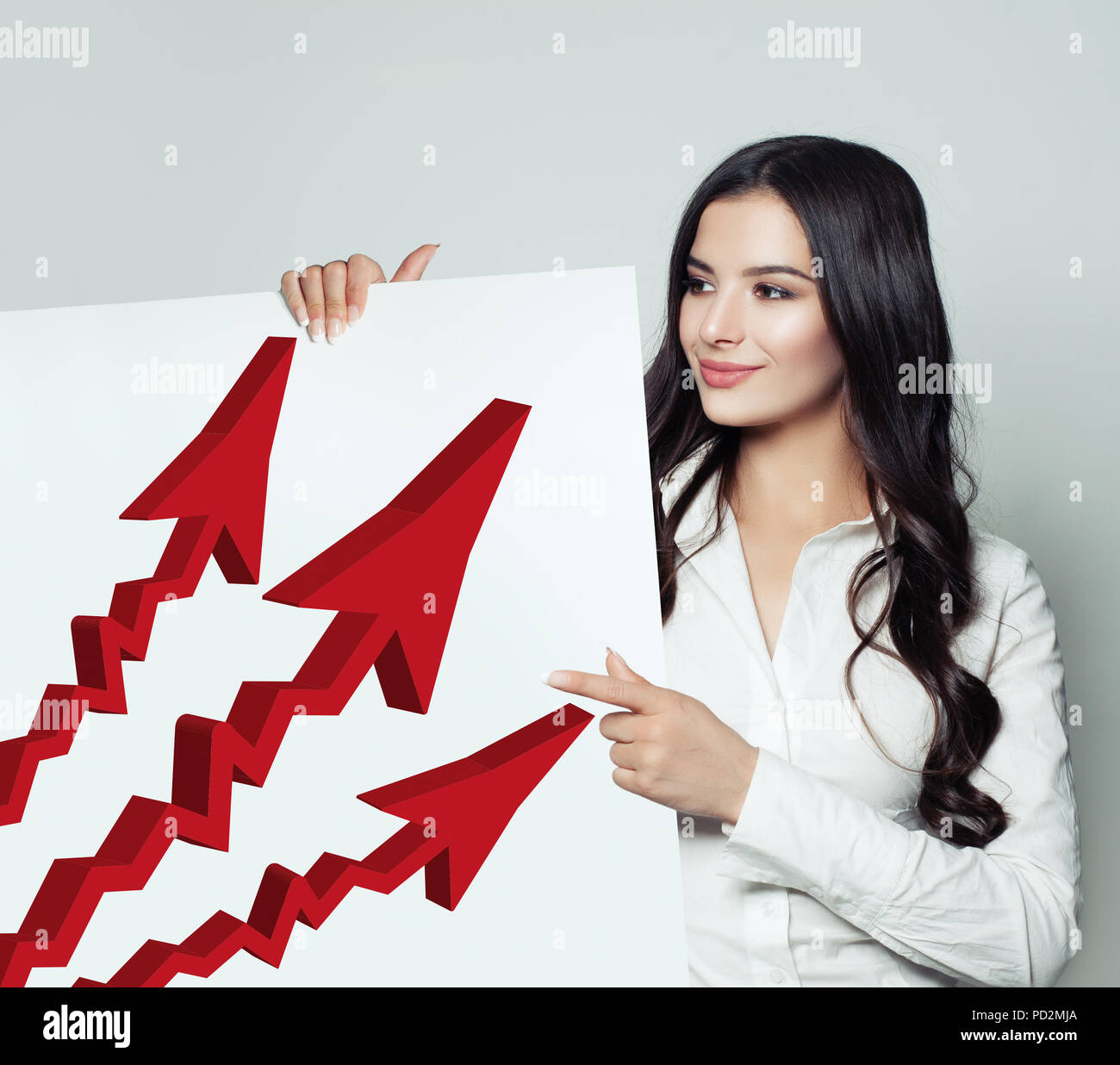Business Woman Showing Singboard Banner with Red Rising Arrow ...