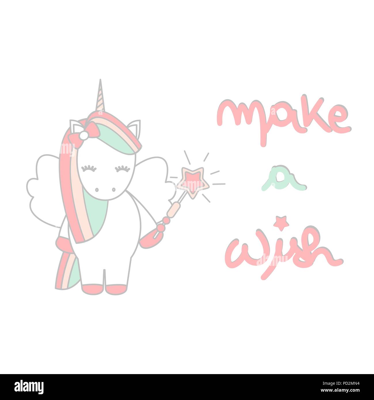 cute vector hand drawn lettering make a wish card with unicorn Stock ...
