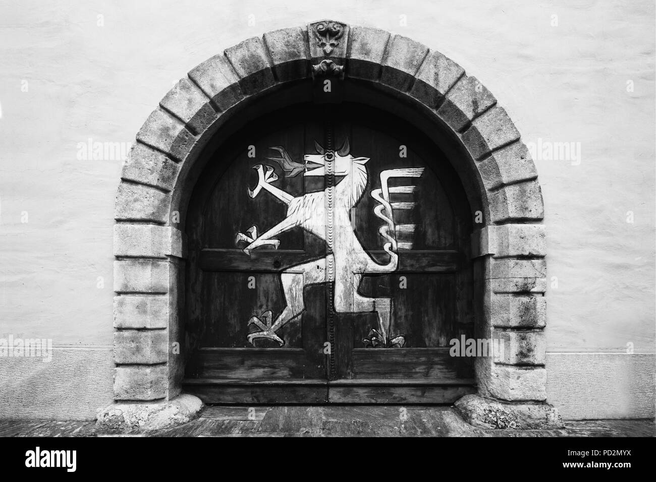Heraldic animal of Styria, Styrian Panther on a door at the regional ...