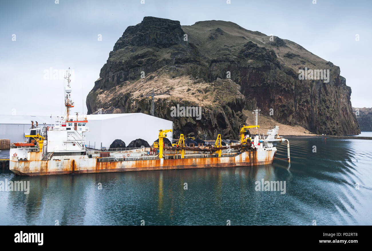 Old industrial ship in port of Vestmannaeyjar island, Iceland Stock ...