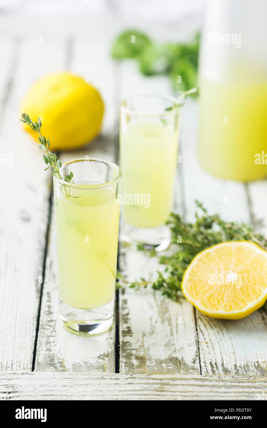 Traditional italian lemon liqueur limoncello and fresh citrus lemon ...