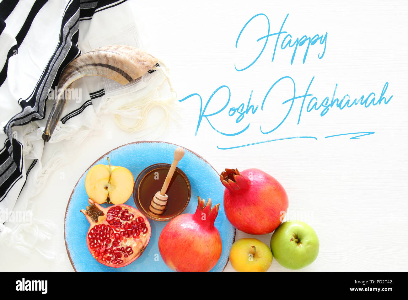 Rosh hashanah (jewish New Year holiday) concept. Traditional symbols ...