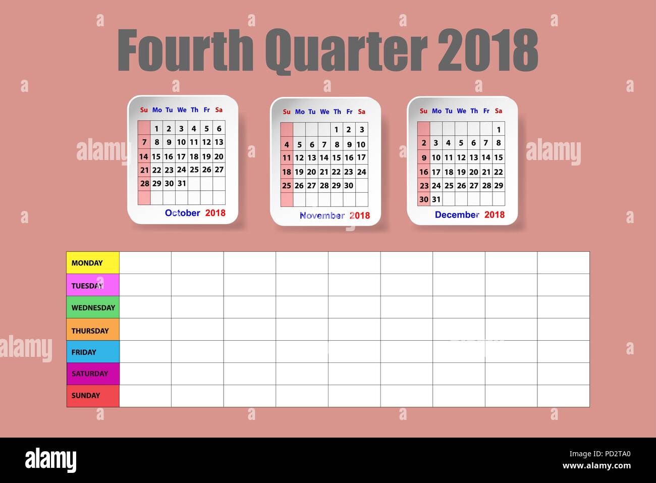 Calendar for the fourth quarter of 2018 year on the red ocher color ...