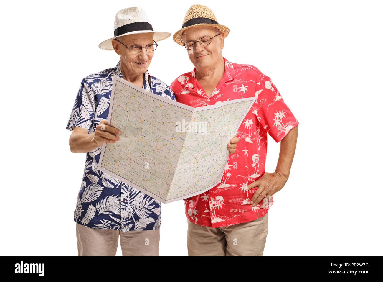Elderly tourists looking at a map isolated on white background Stock ...
