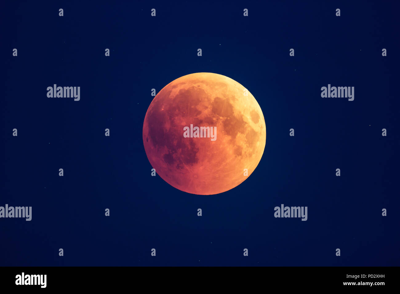 Super Bloody Moon, beginning of full eclipse phase against blue starry ...