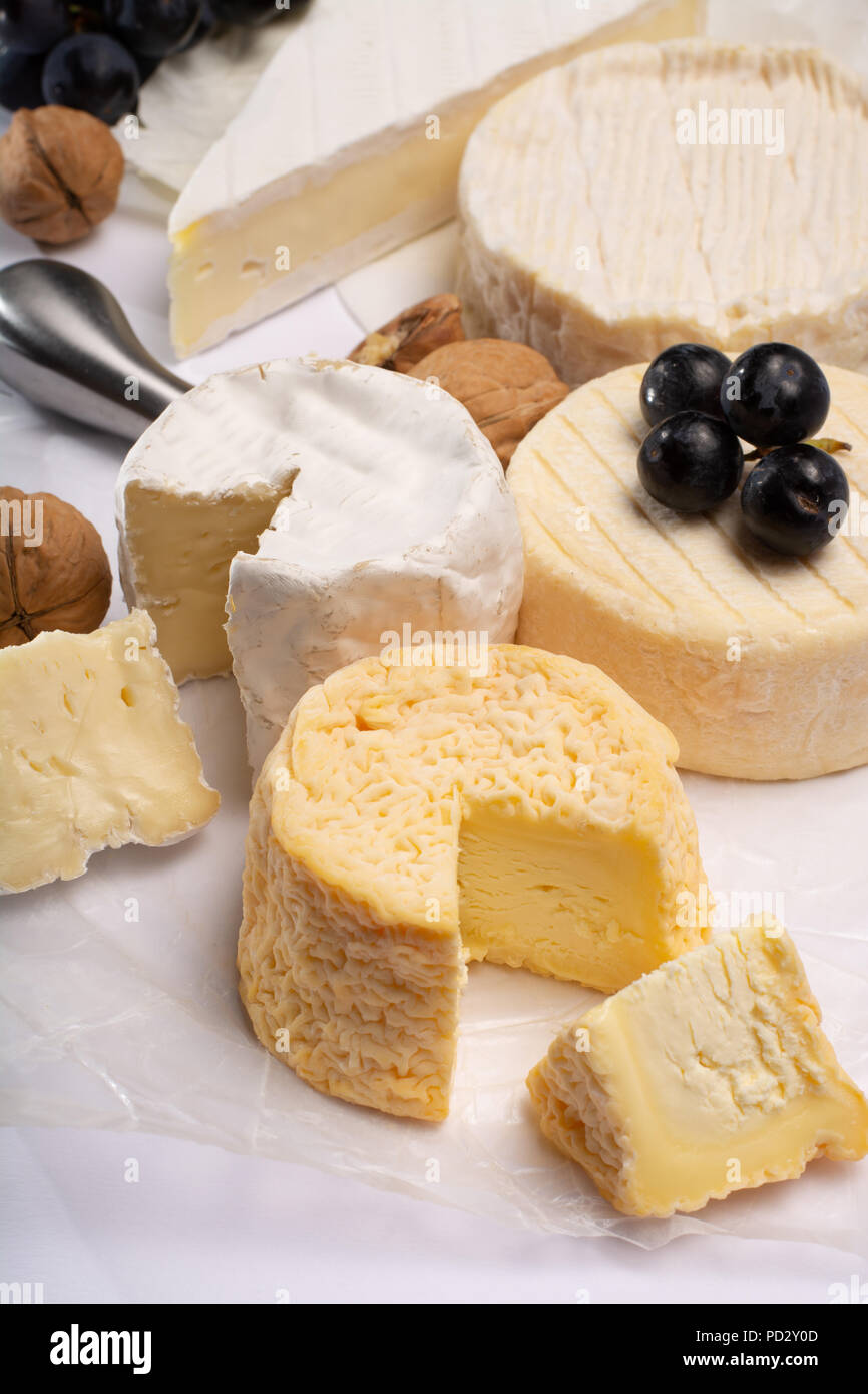 French AOC soft cow cheeses, crumbly Langres with washed rind structure ...