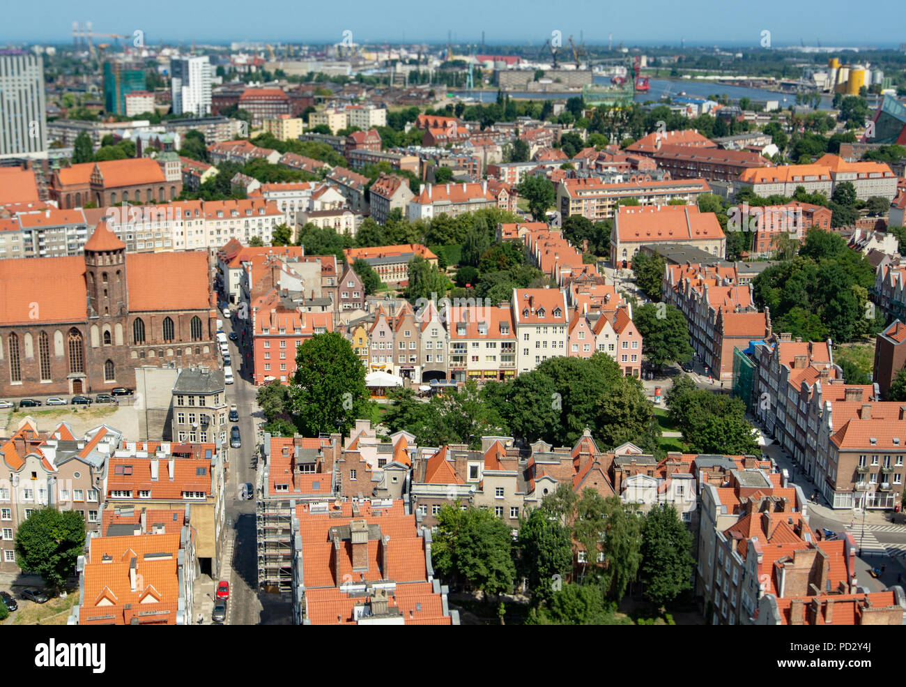 Townscape with red roofs in old city Gdansk made from top, aerial ...