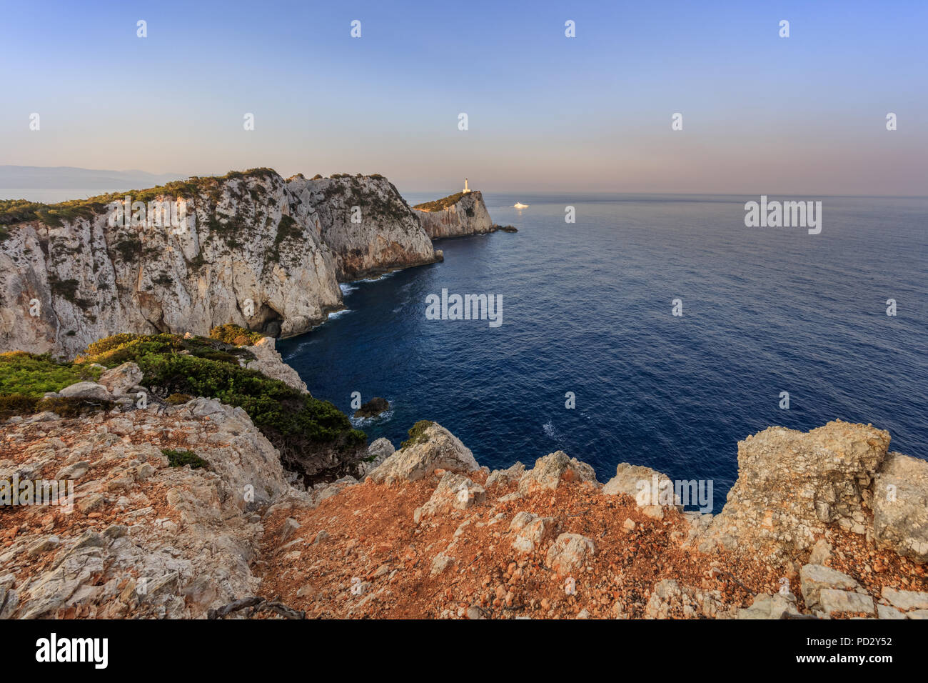 Lighthouse during sunrise. Cape Doukato, Lefkada island, Greece Stock ...