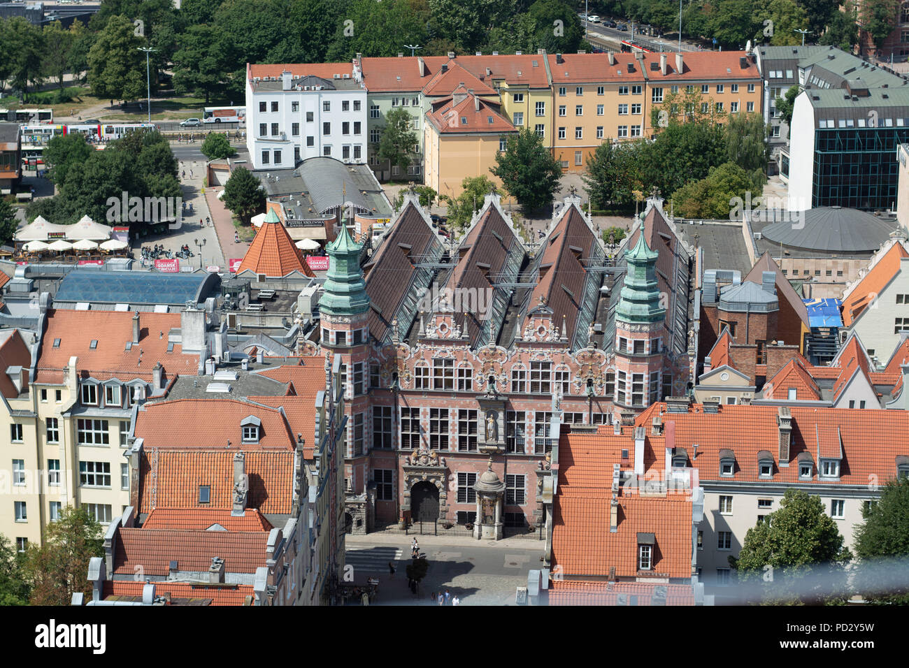 Townscape with red roofs in old city Gdansk made from top, aerial ...