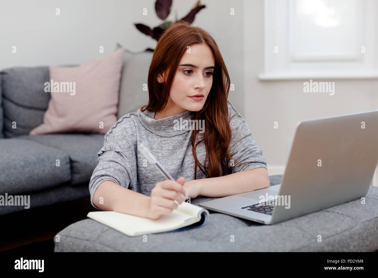 Woman writing notes into notepad from laptop Stock Photo - Alamy
