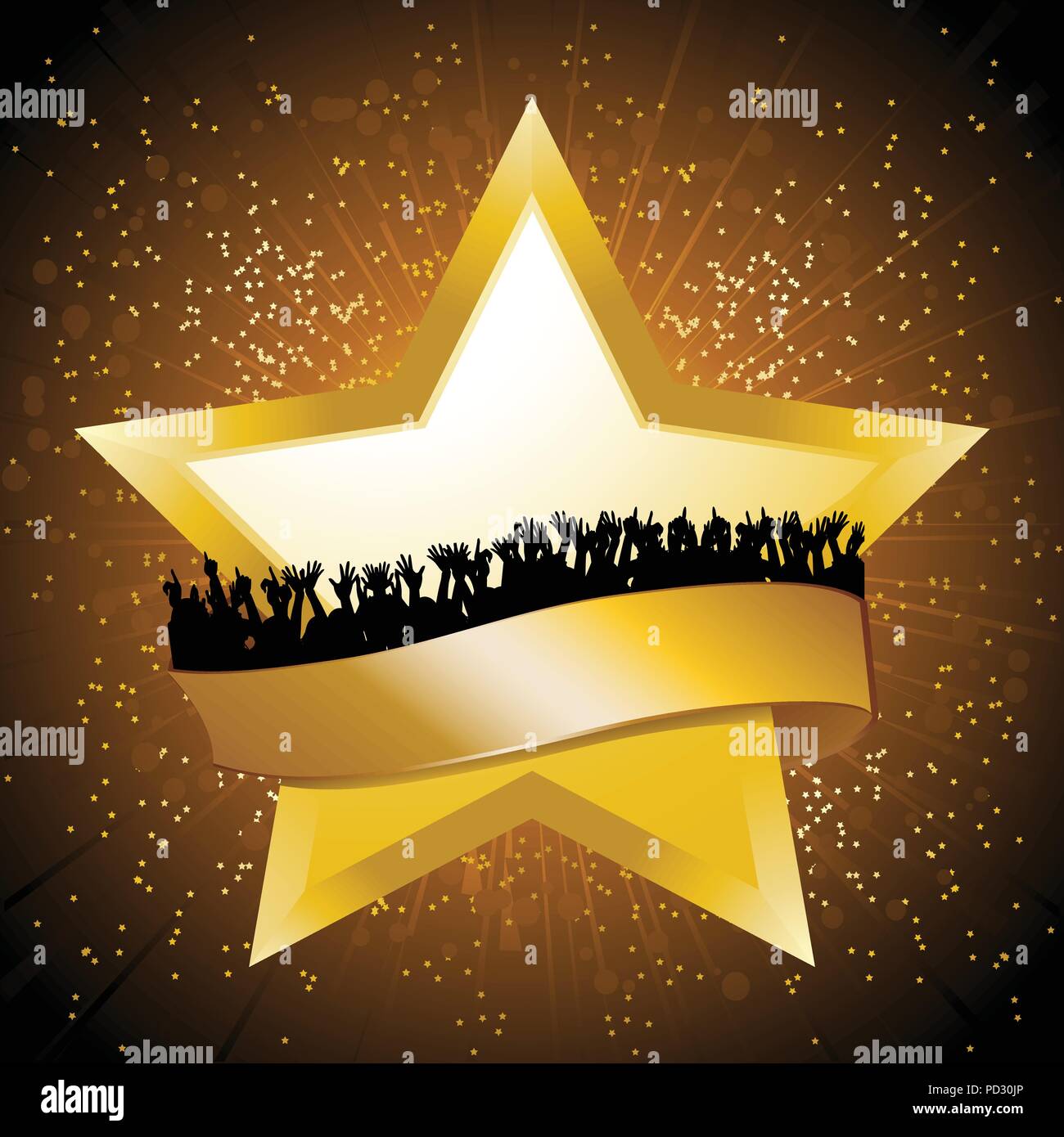 Golden Star With Blank Banner and Silhouette Crowd Over Golden Star ...