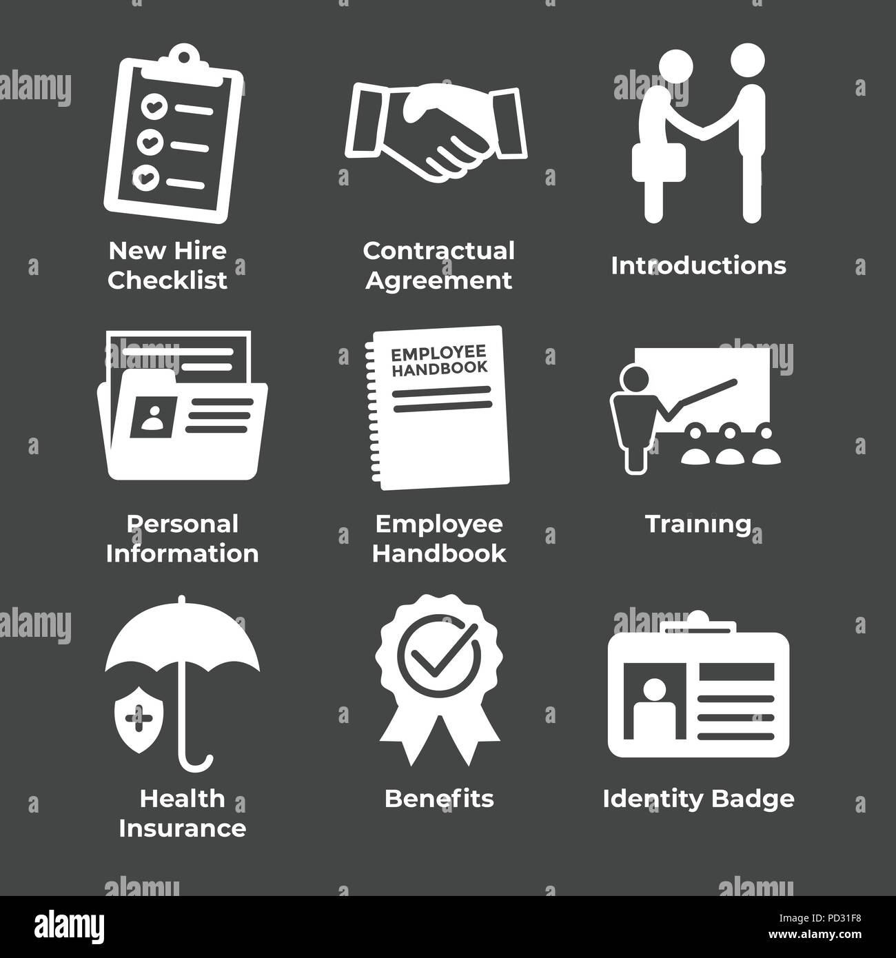 New Employee Hiring Process icon set w materials, badge, etc Stock ...