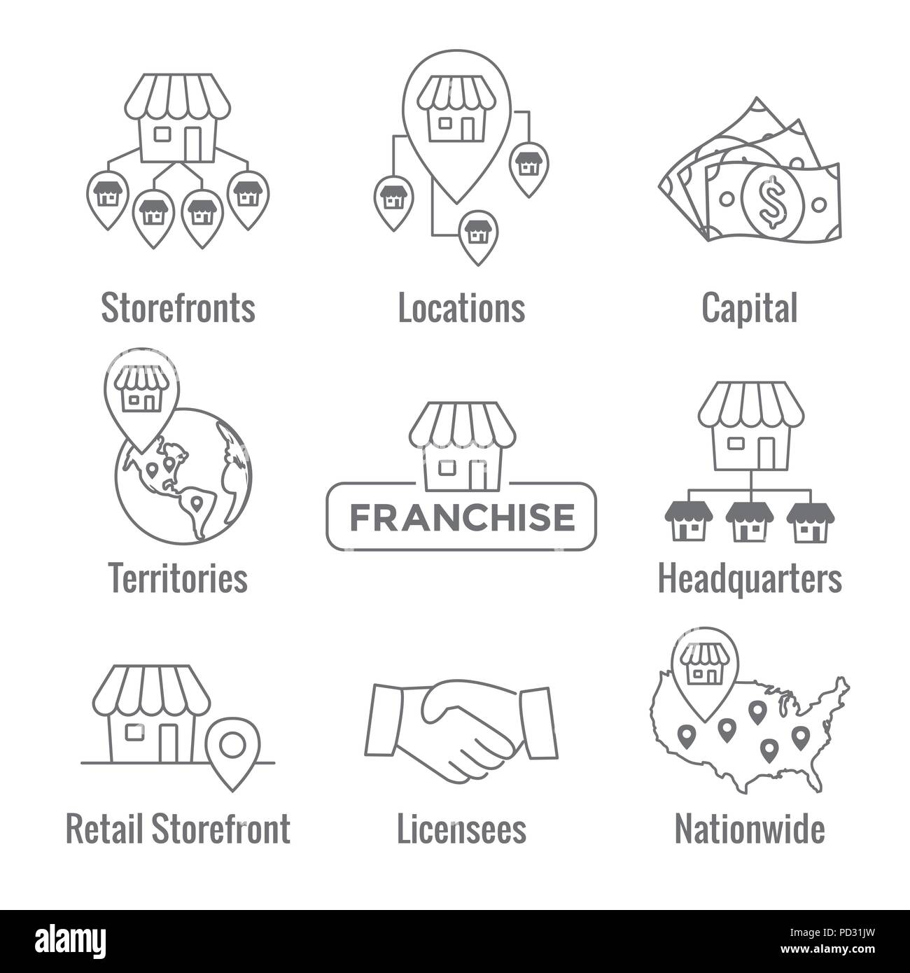 Franchise Icon Set w Home Office, corporate Headquarters and Franchisee ...