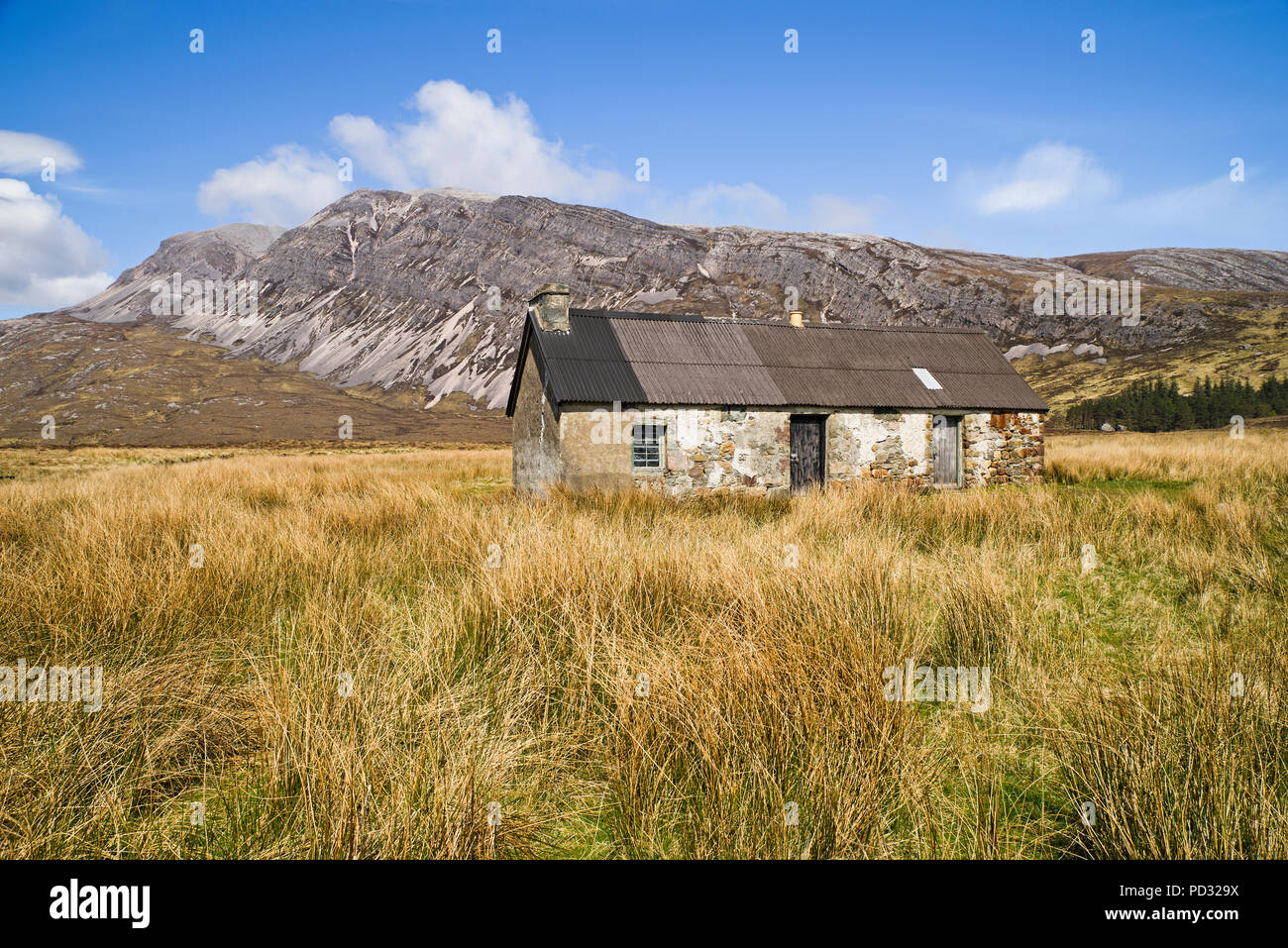 Old traditional highland hut in remote moorland location in Sutherland ...