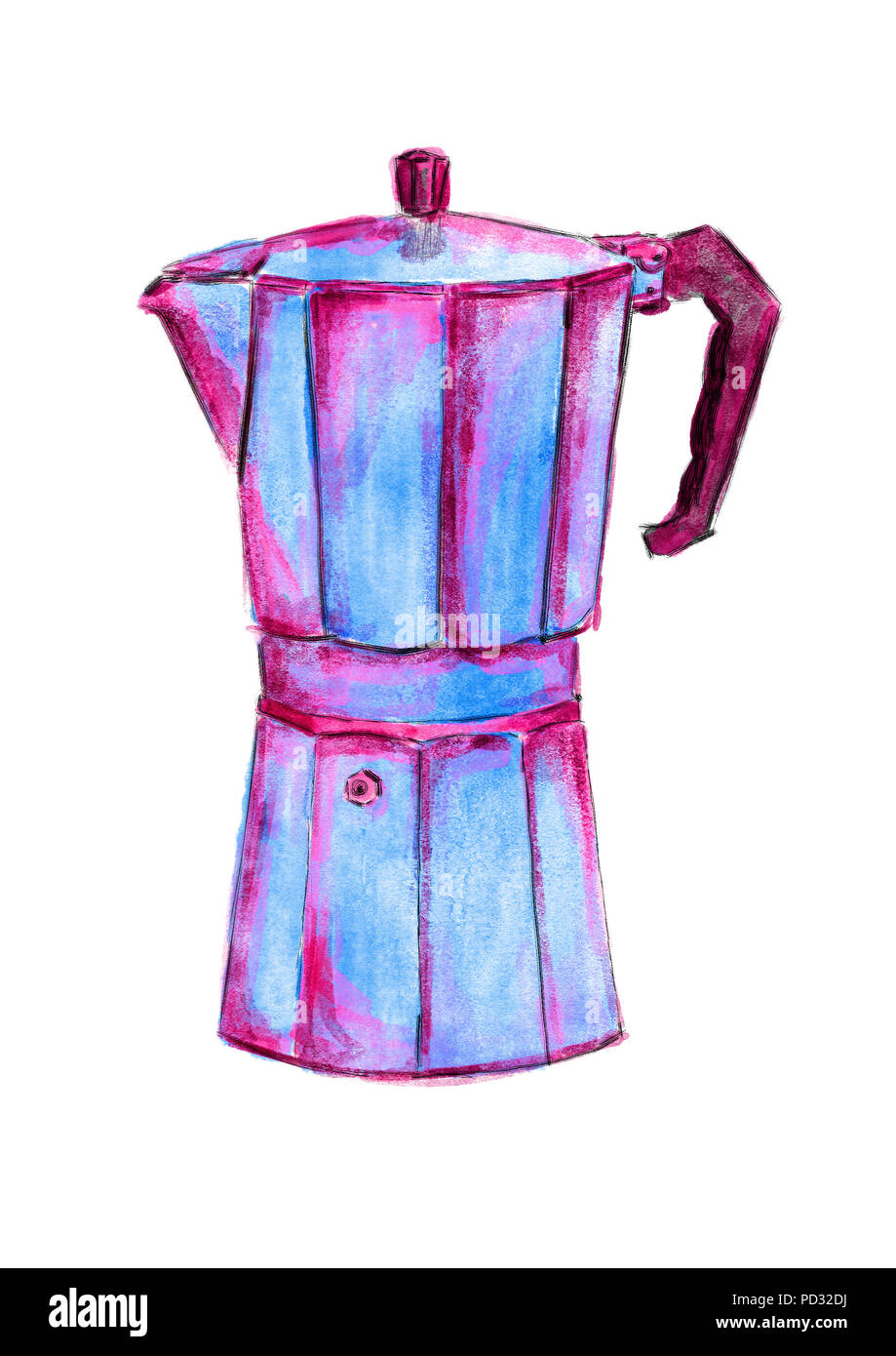 Digital watercolor illustration of a moka pot (espresso maker) in a ...