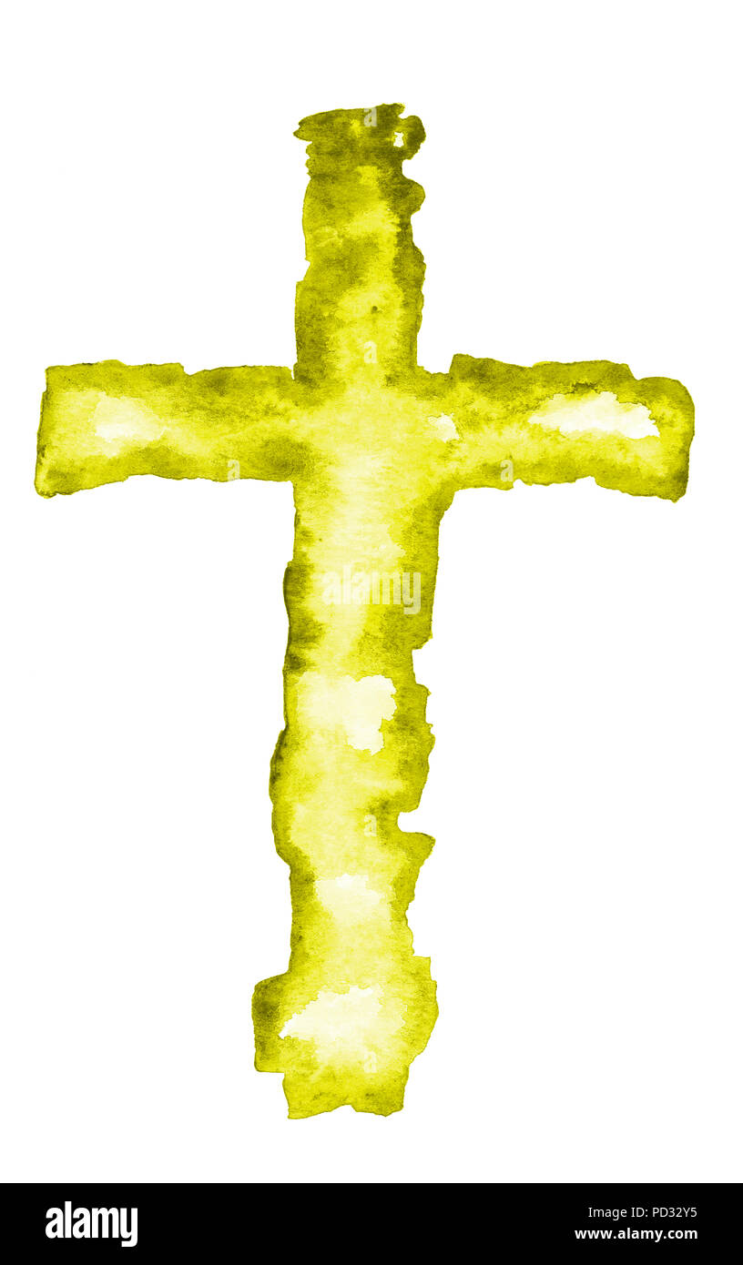 Watercolor illustration of cross in a yellow color, isolated on a white ...