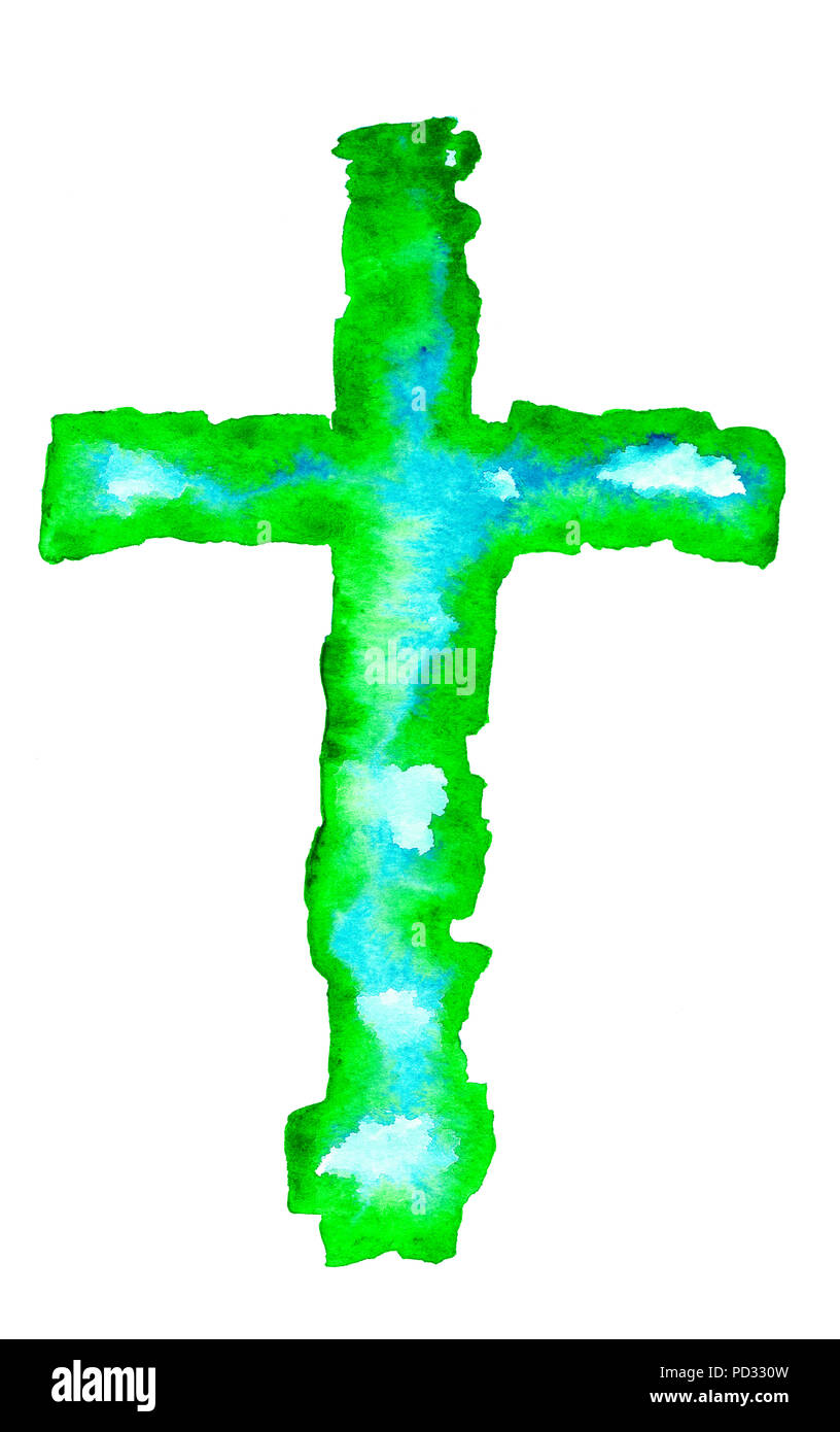 Watercolor illustration of cross in a green, turquoise, blue, color ...