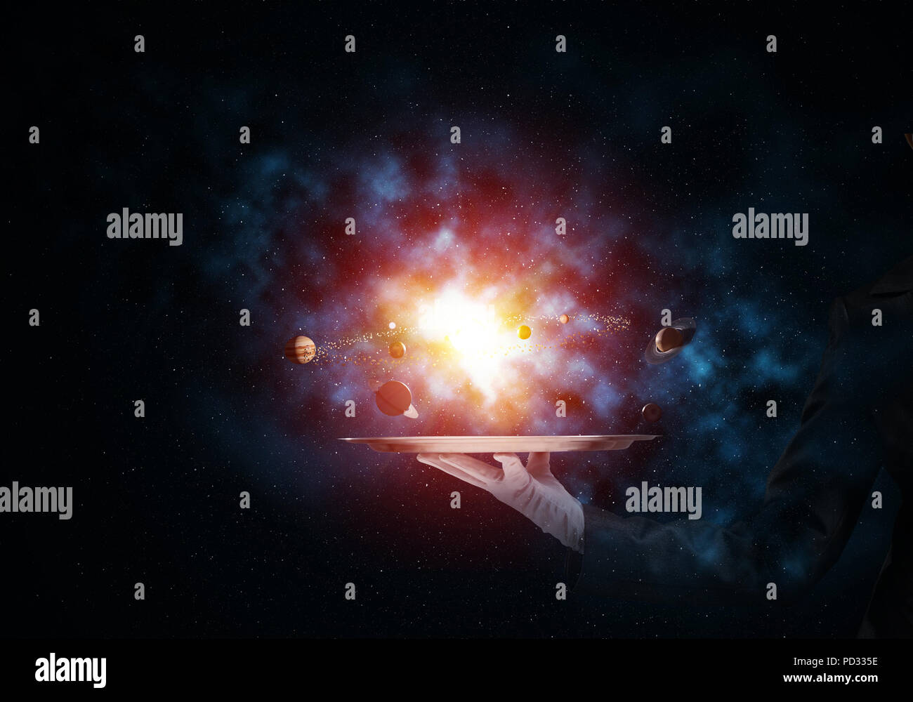 Hand of waitress presenting solar system on tray Stock Photo - Alamy
