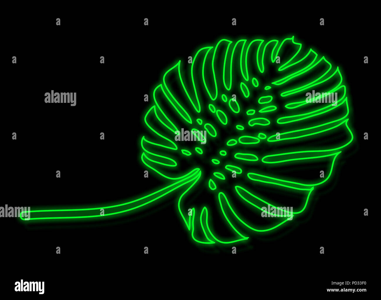 The neon poster with leaf of monstera. Graphic with outline draw of ...
