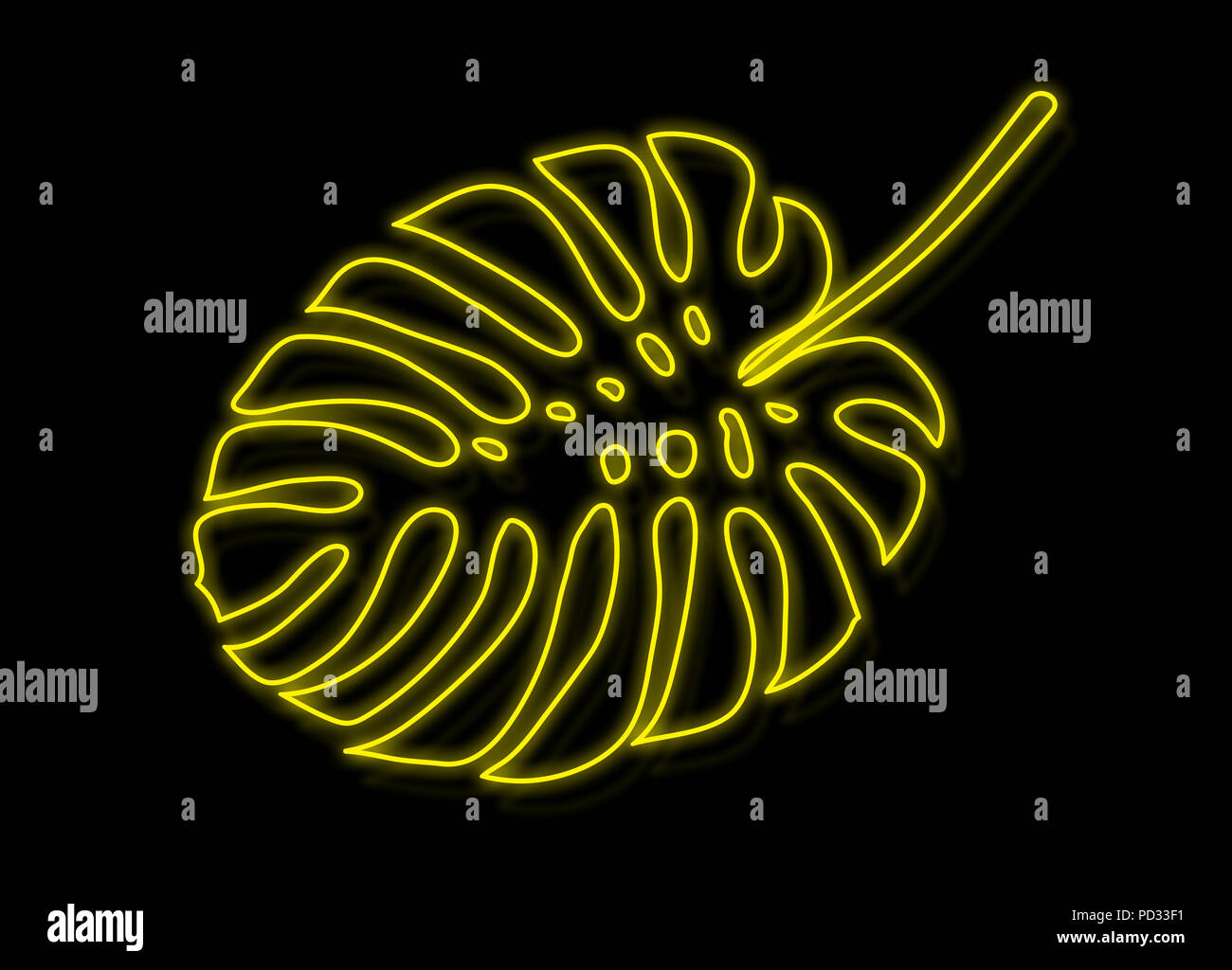 The neon poster with leaf of monstera. Graphic with outline draw of ...
