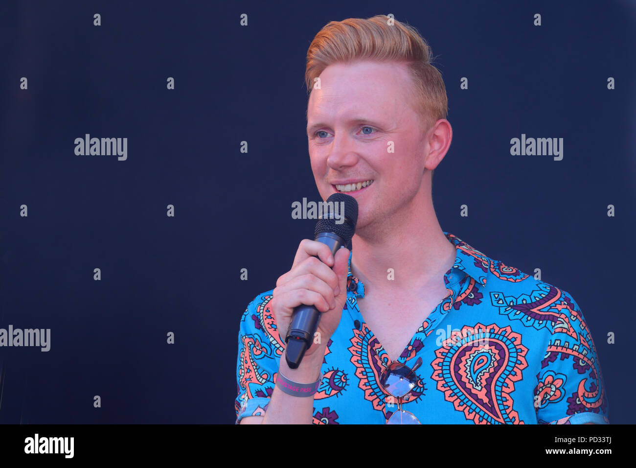 Owain Wyn Evans hosting the Leeds LGBT Pride 2018 on stage at ...