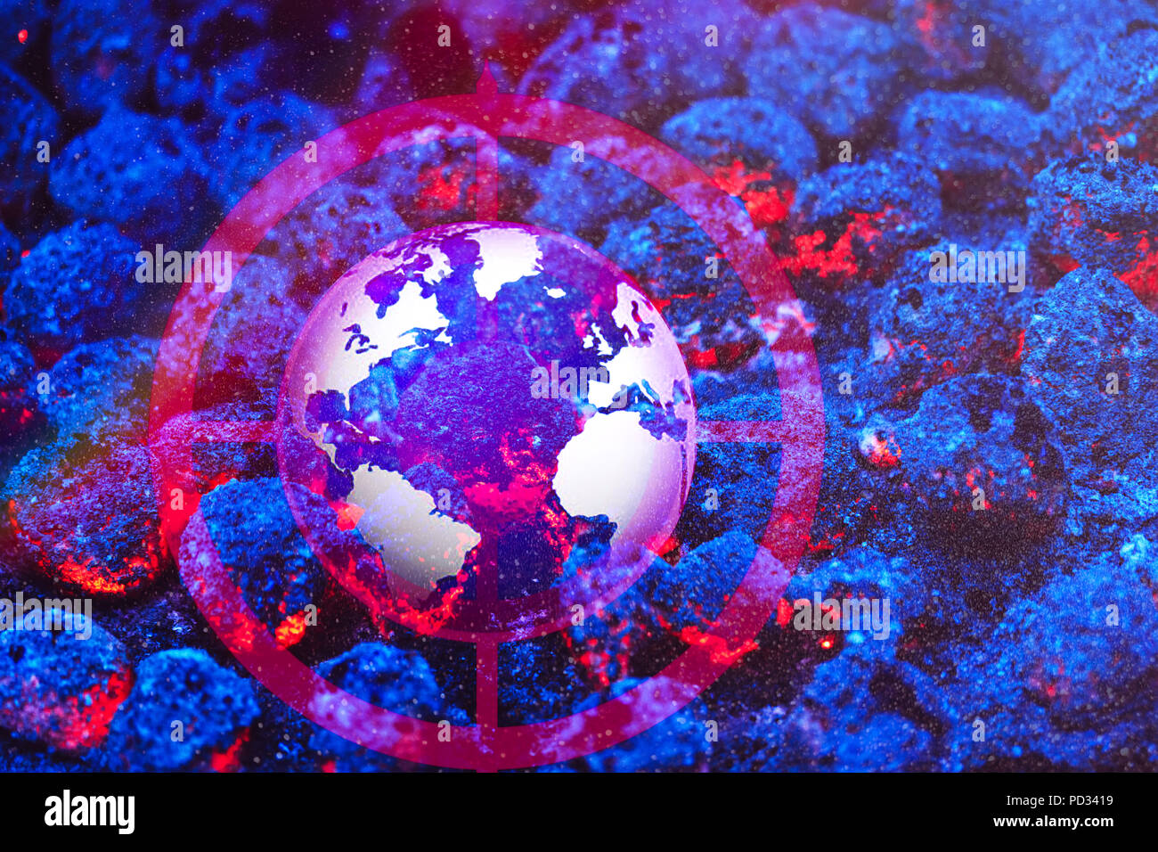 Burning globe earth in target scan. Earth planet in flames of hot ...