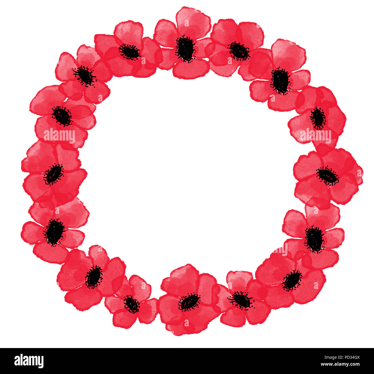 Digital watercolor red poppies wreath on the white background, symbol ...