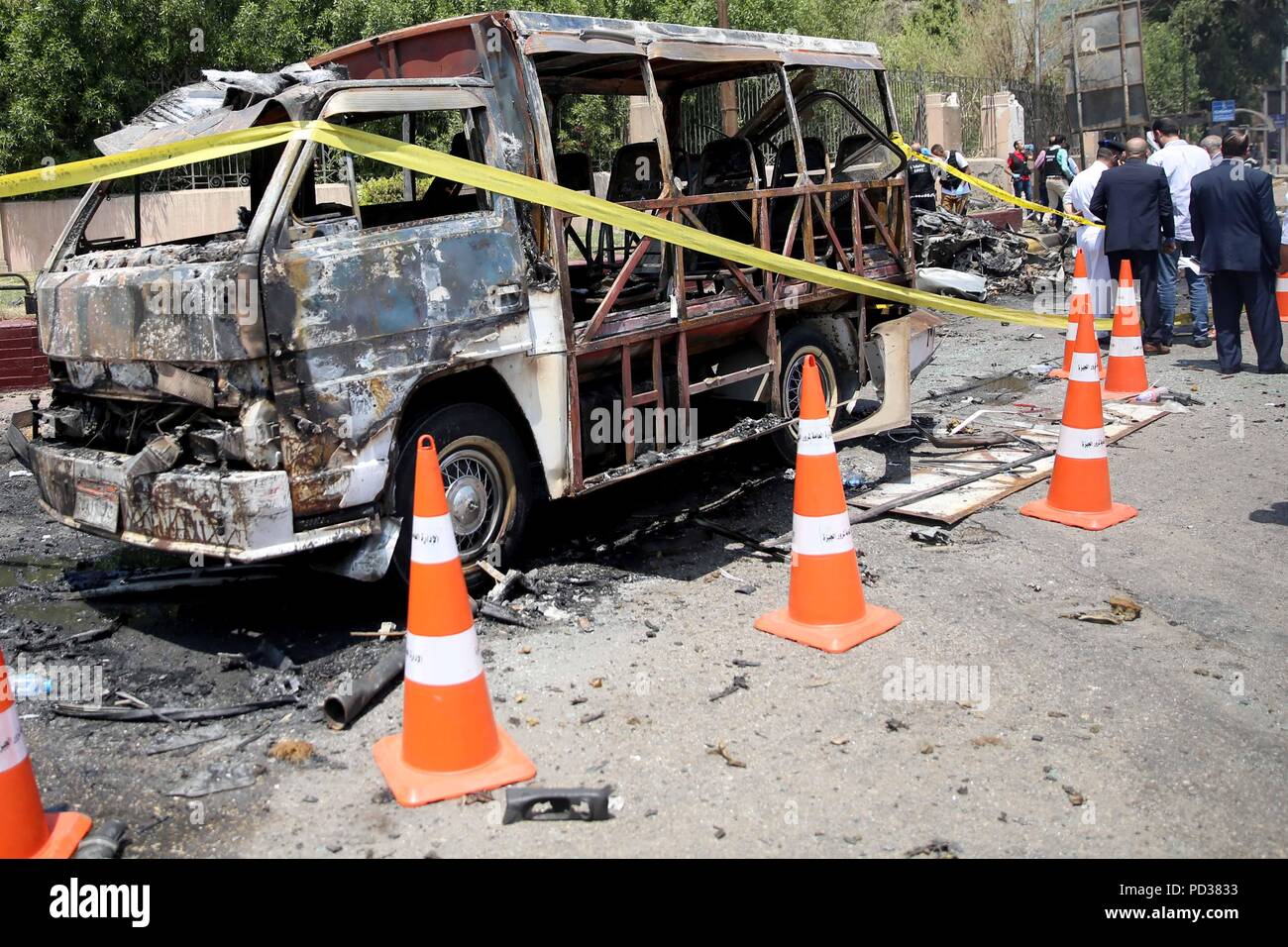 Giza, Egypt. 06th Aug, 2018. Wreckage of an exploded vehicle can be ...
