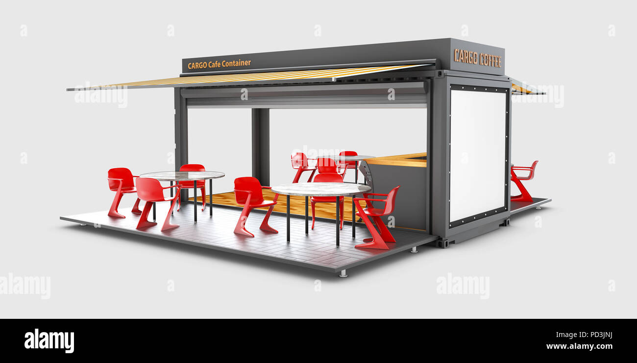 Converted old shipping container into cafe, 3d Illustration isolated ...