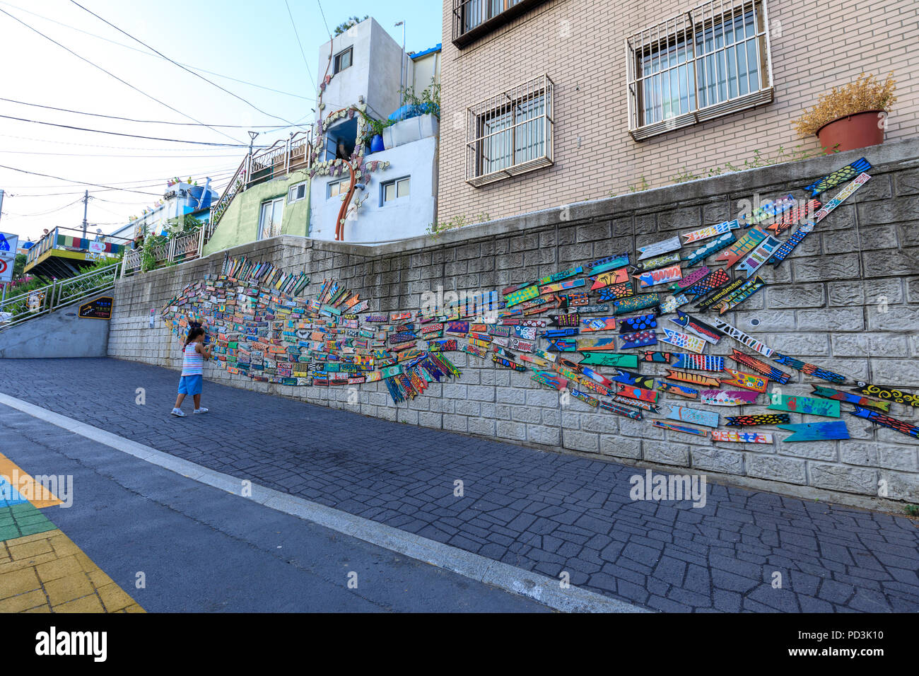 Busan, South Korea - Aug 5, 2018 : Wall arts depictting colorful fishes ...