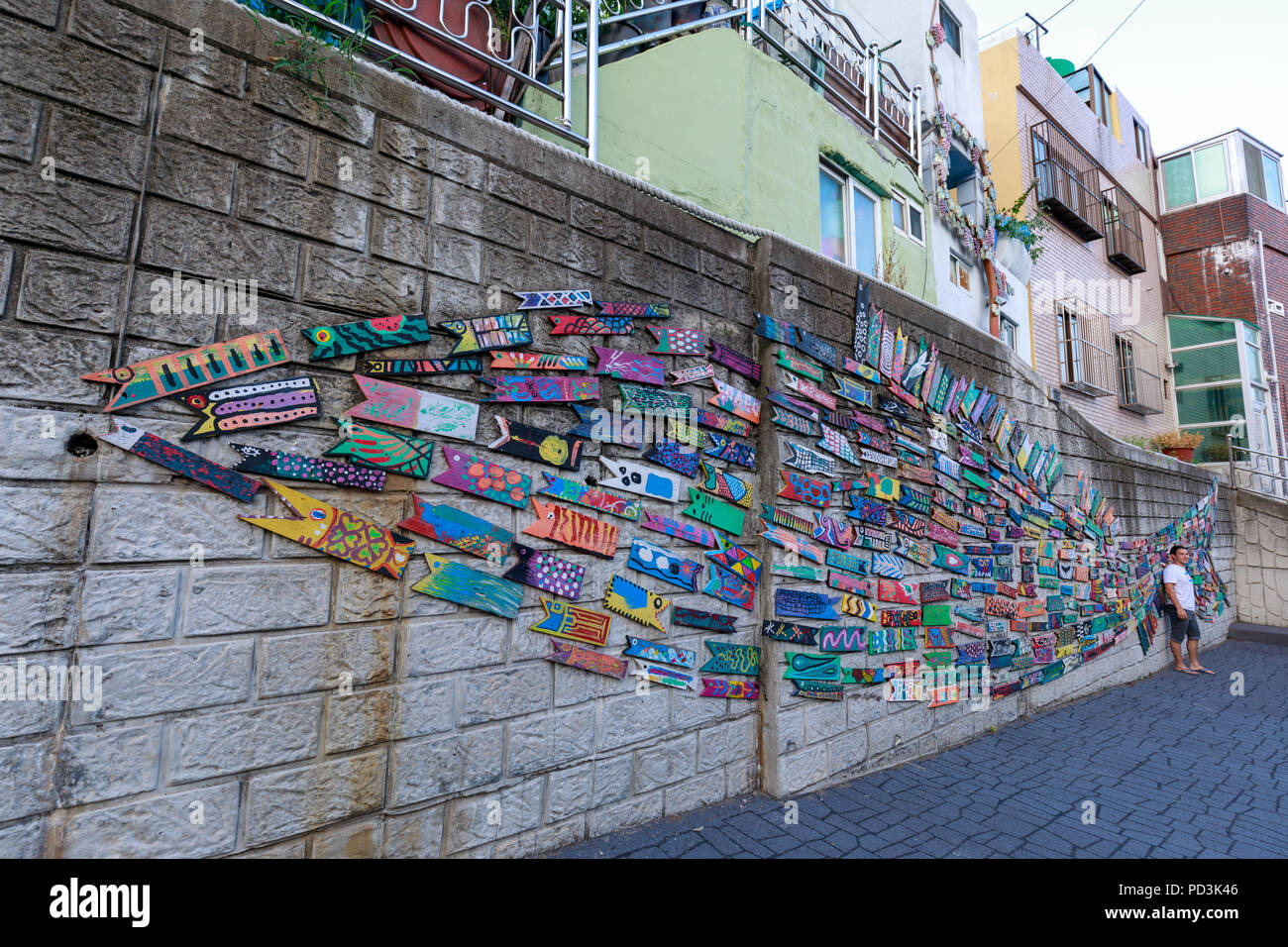 Busan, South Korea - Aug 5, 2018 : Wall arts depictting colorful fishes ...
