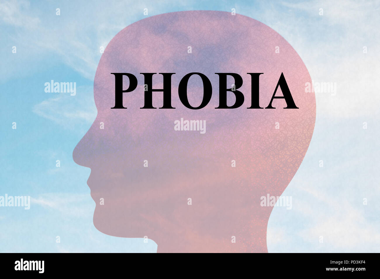 Render illustration of PHOBIA title on head silhouette, with cloudy sky ...