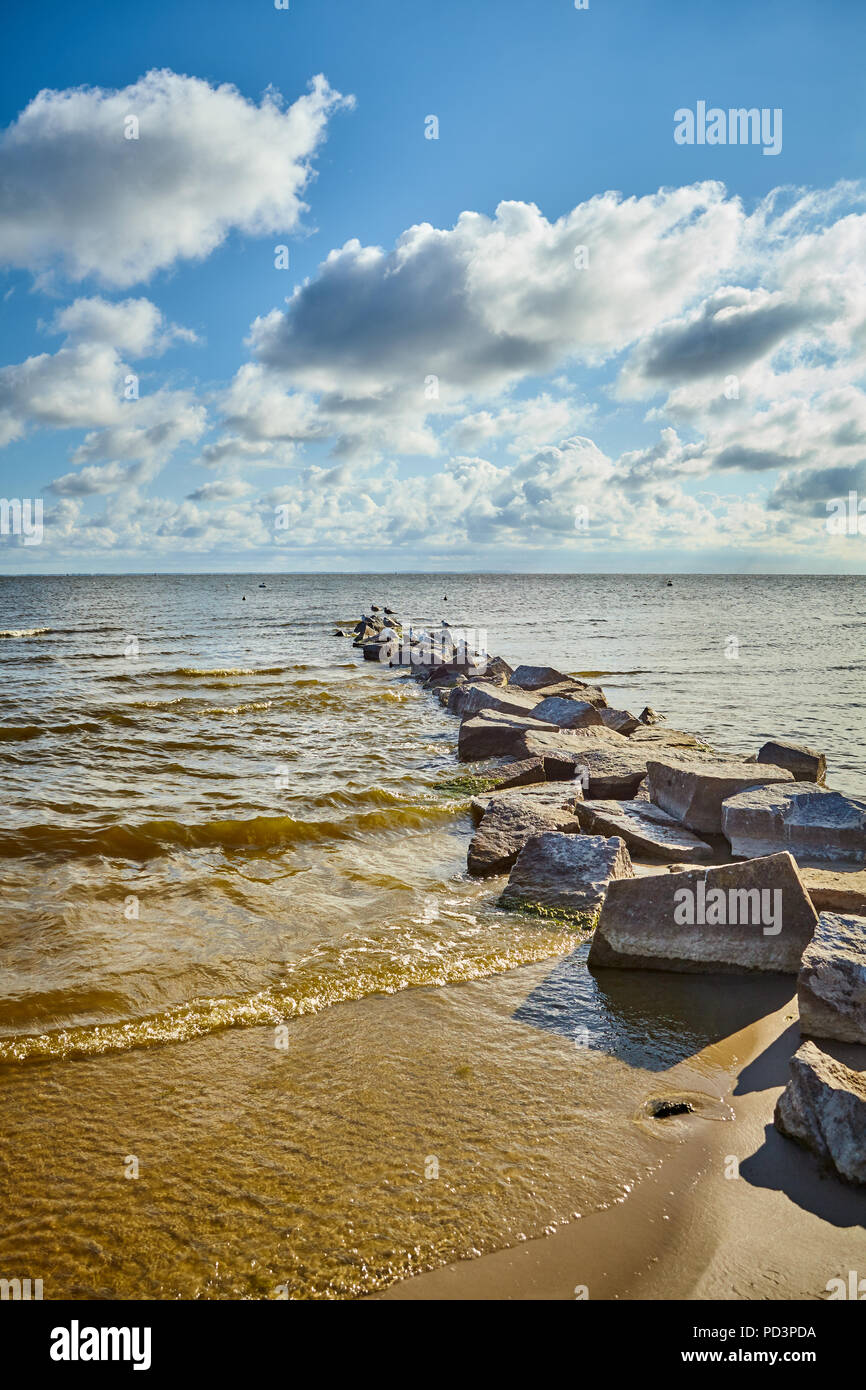 Rocky breakwater at a beach, Szczecin Lagoon in Ueckermunde, Germany ...