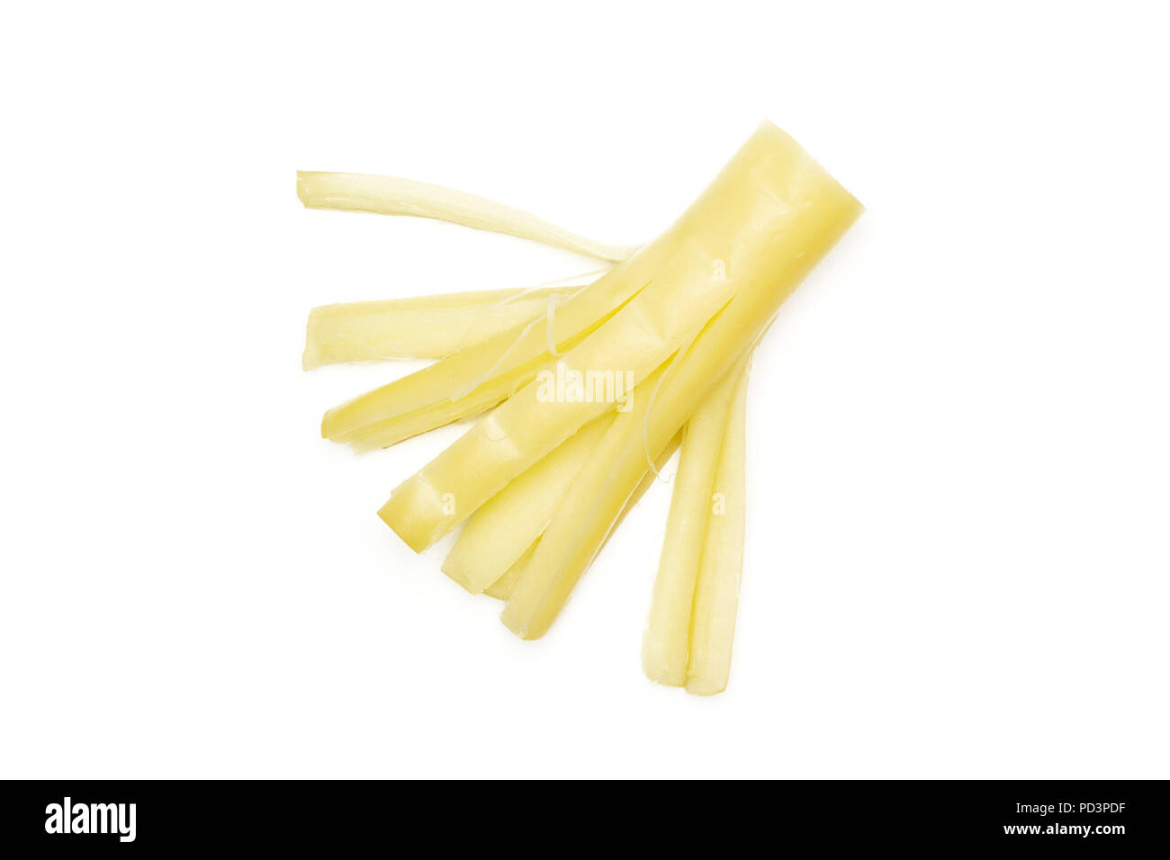 One piece of smoked slovak string cheese stick thick shreds flatlay ...