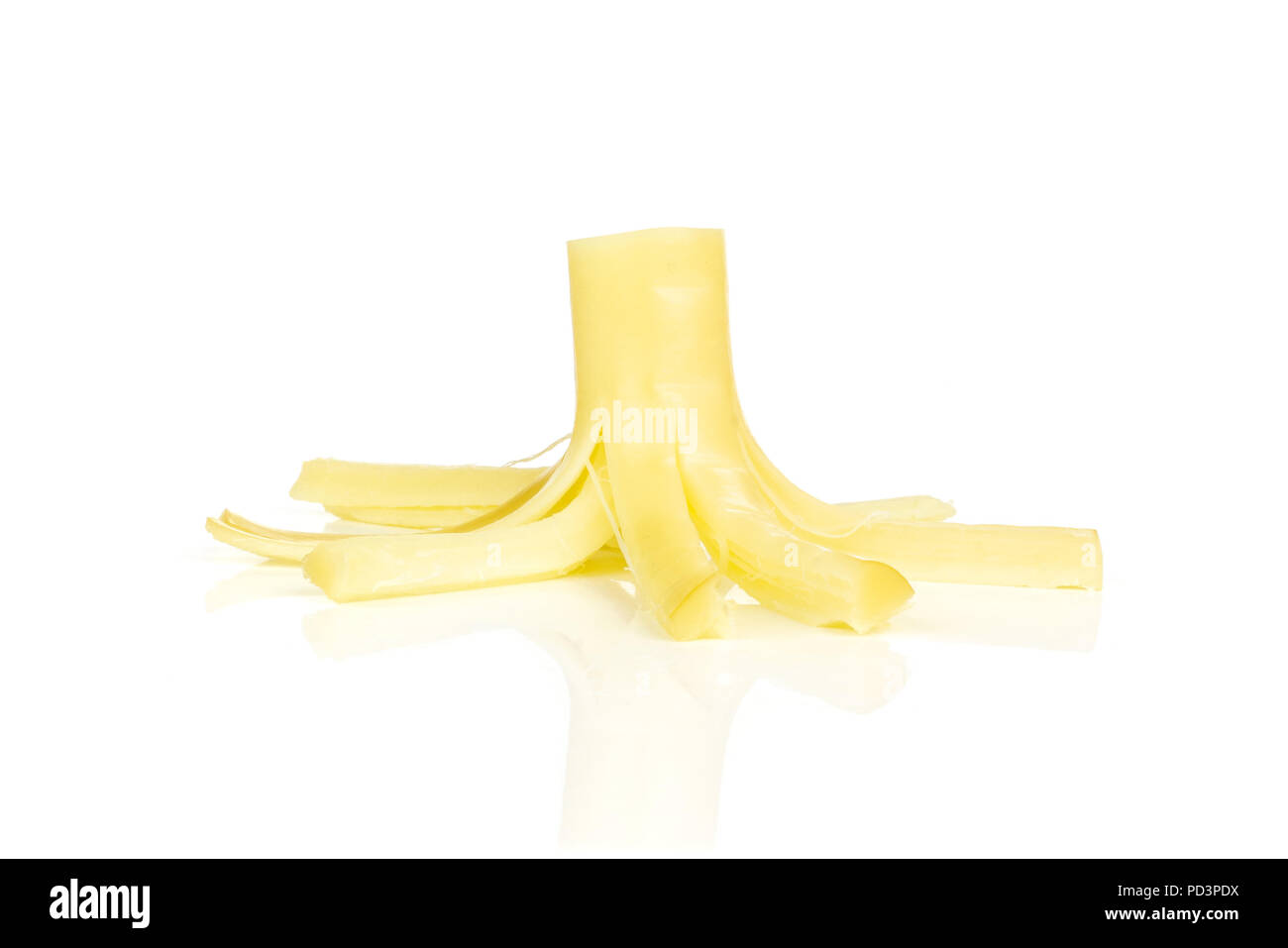 One piece of smoked slovak string cheese stick thick shreds isolated on ...