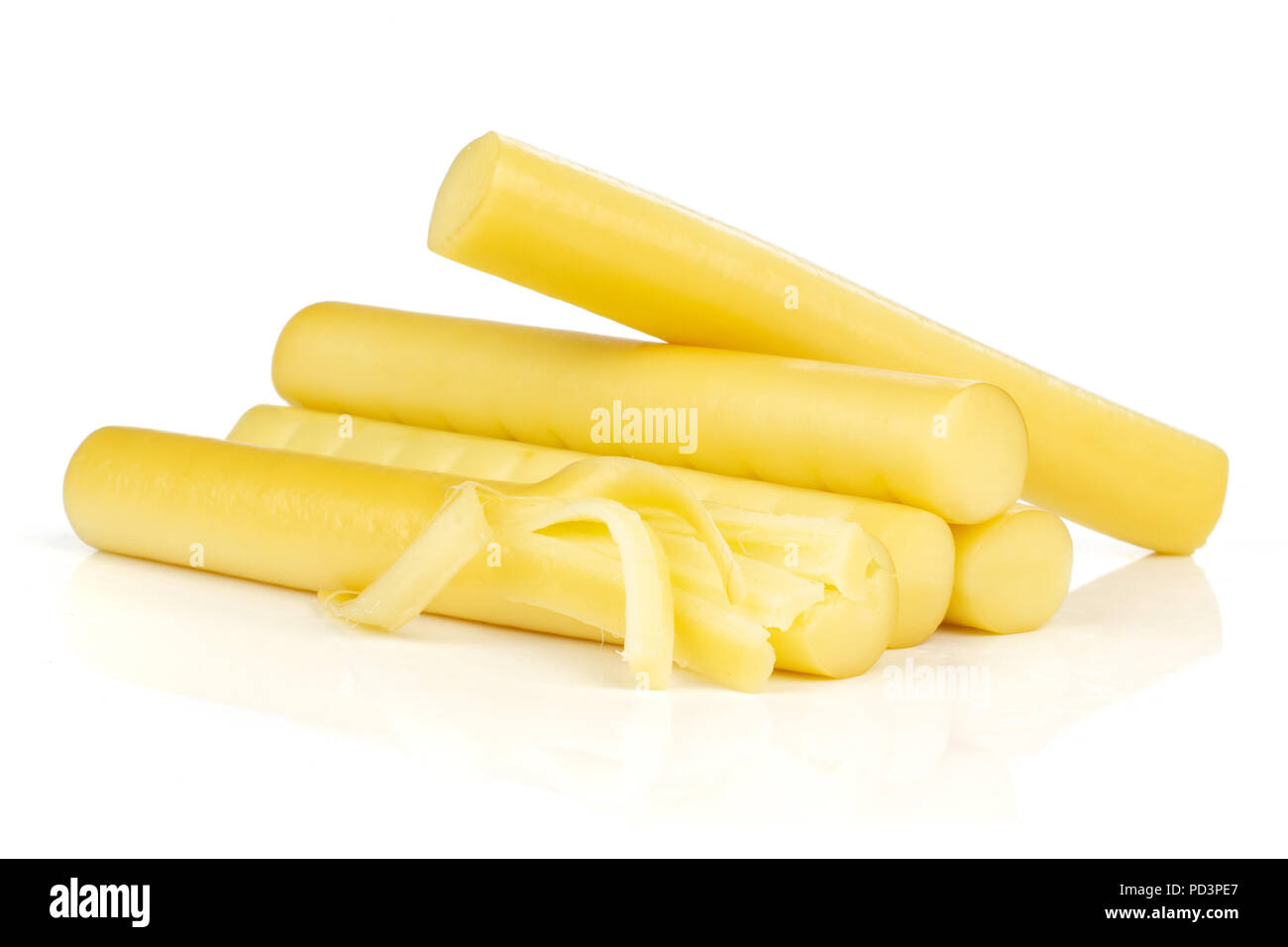 Group of five whole smoked slovak string cheese stick stack isolated on ...