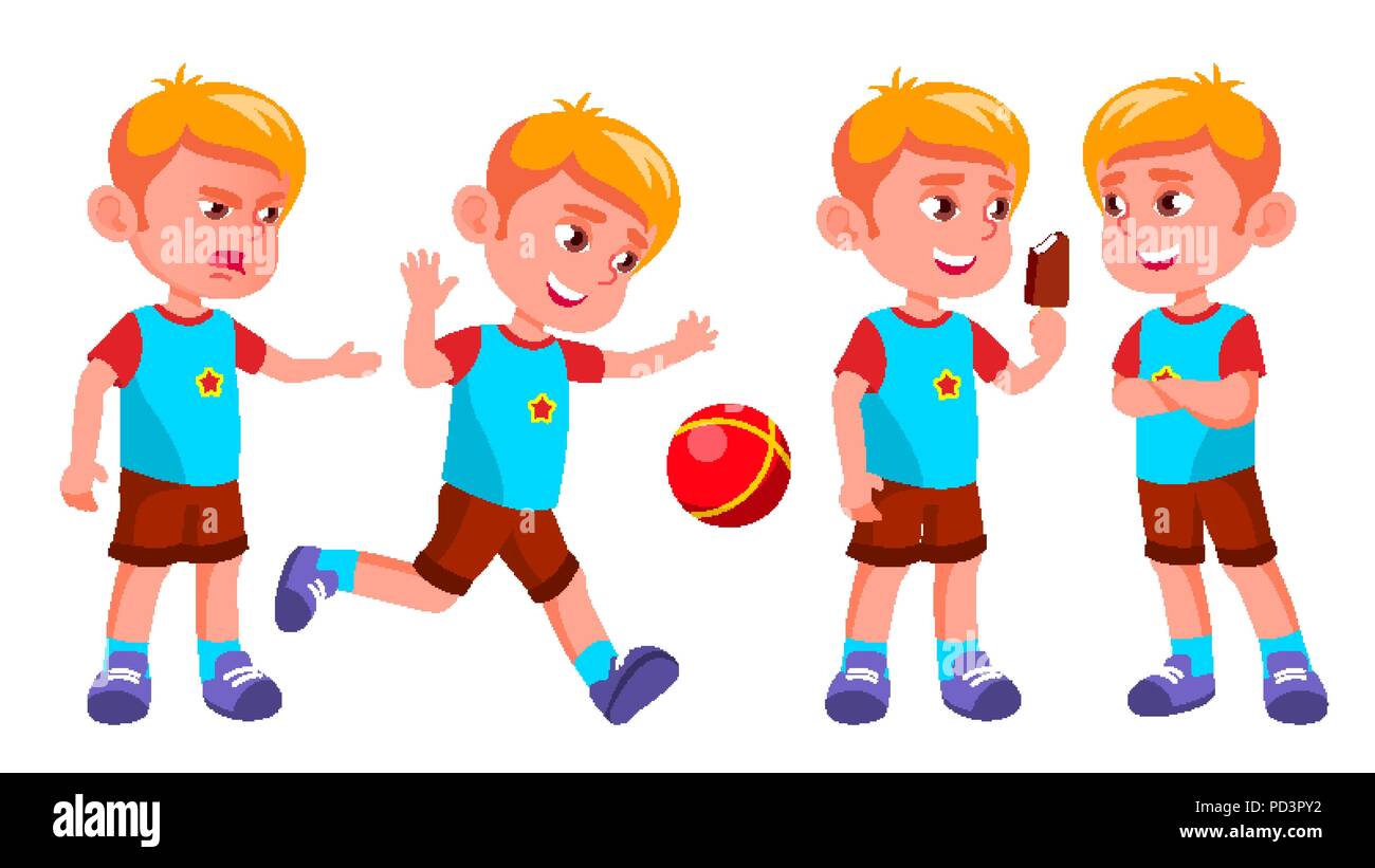Boy Kindergarten Kid Poses Set Vector. Kiddy, Child Expression. Junior ...