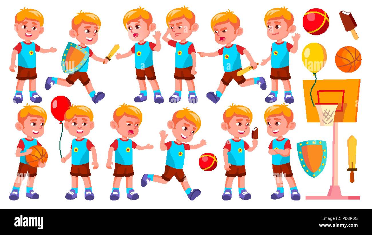 Boy Kindergarten Kid Poses Set Vector. Happy Children Character ...