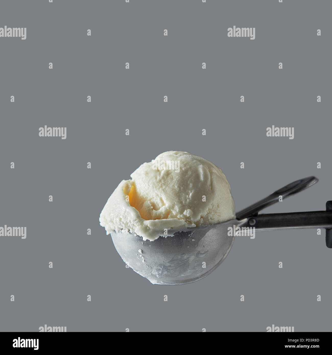 Vanilla milk ice cream ball in a scoop on a gray background. Close-up ...