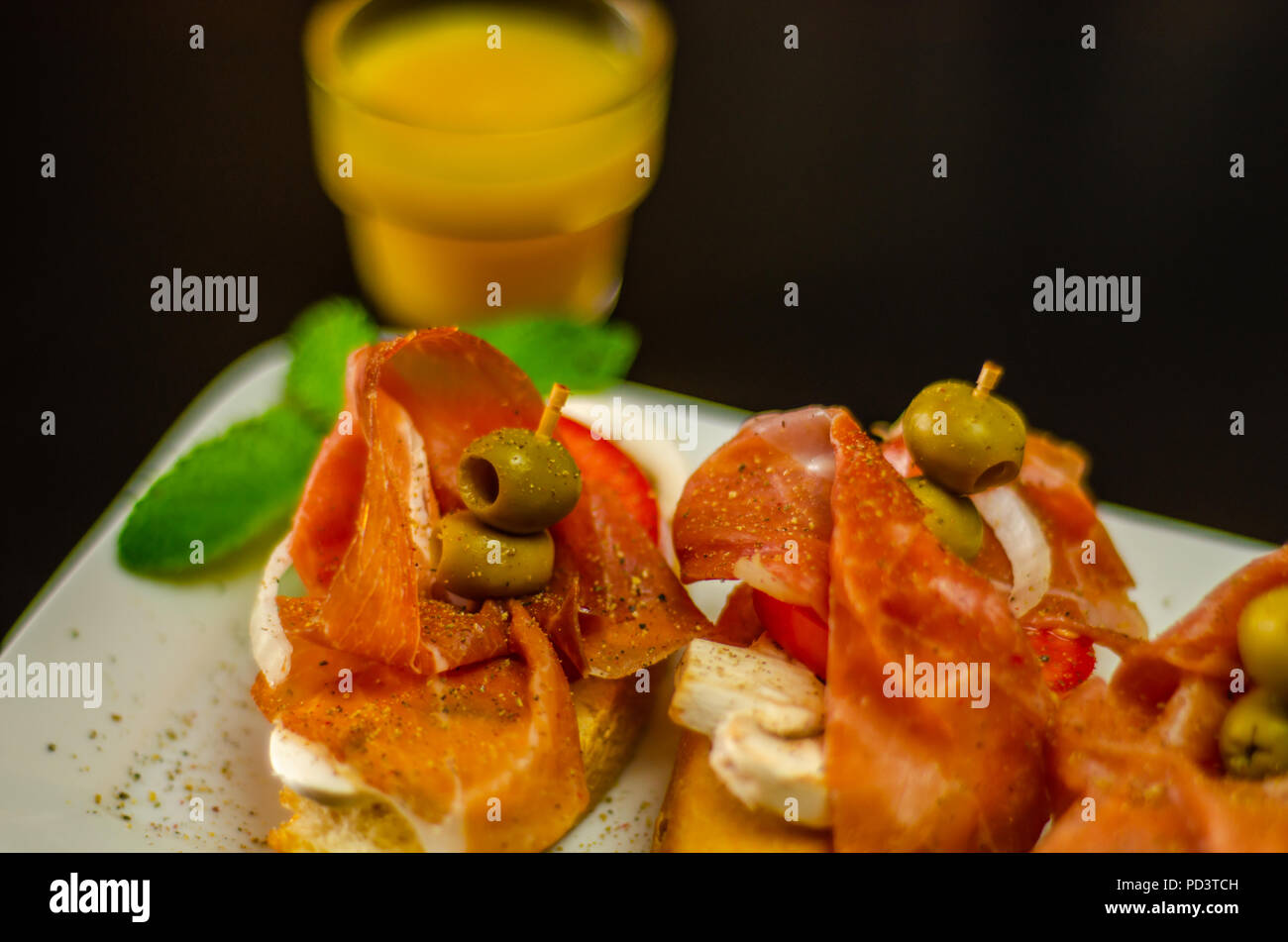 traditional spanish tapas for lunch table, mini sandwiches food set ...