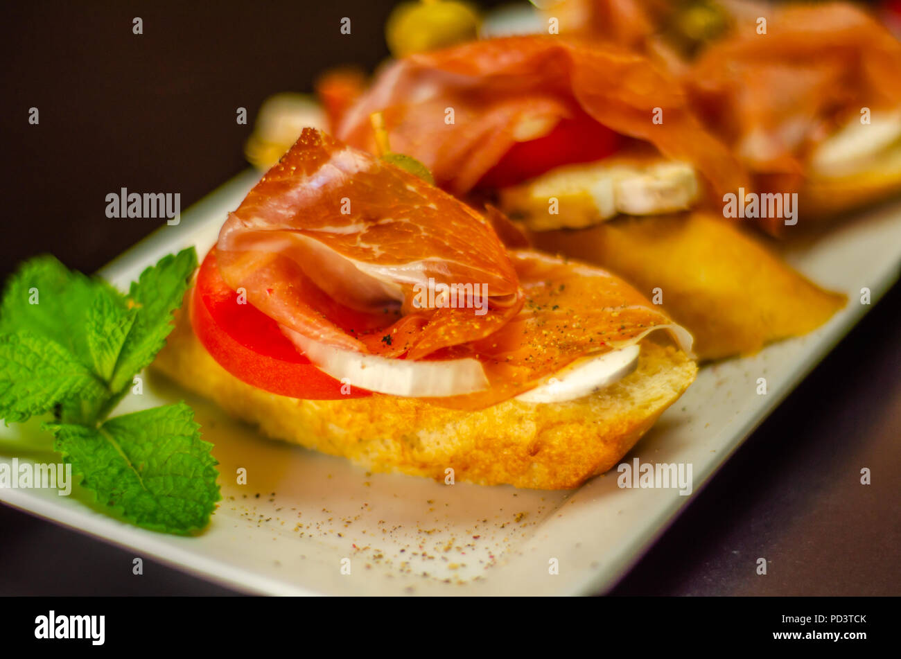 traditional spanish tapas for lunch table, mini sandwiches food set ...