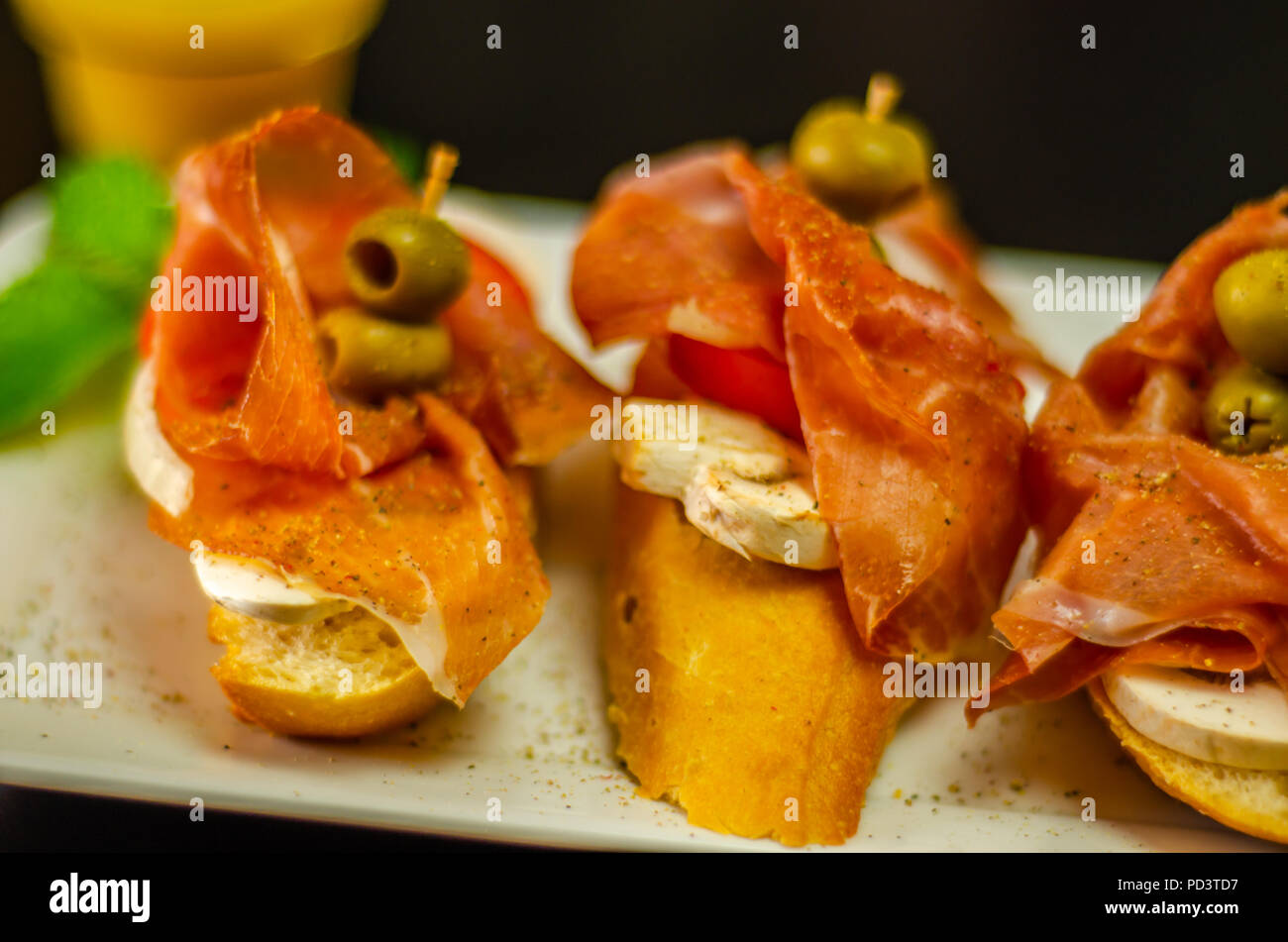 traditional spanish tapas for lunch table, mini sandwiches food set ...