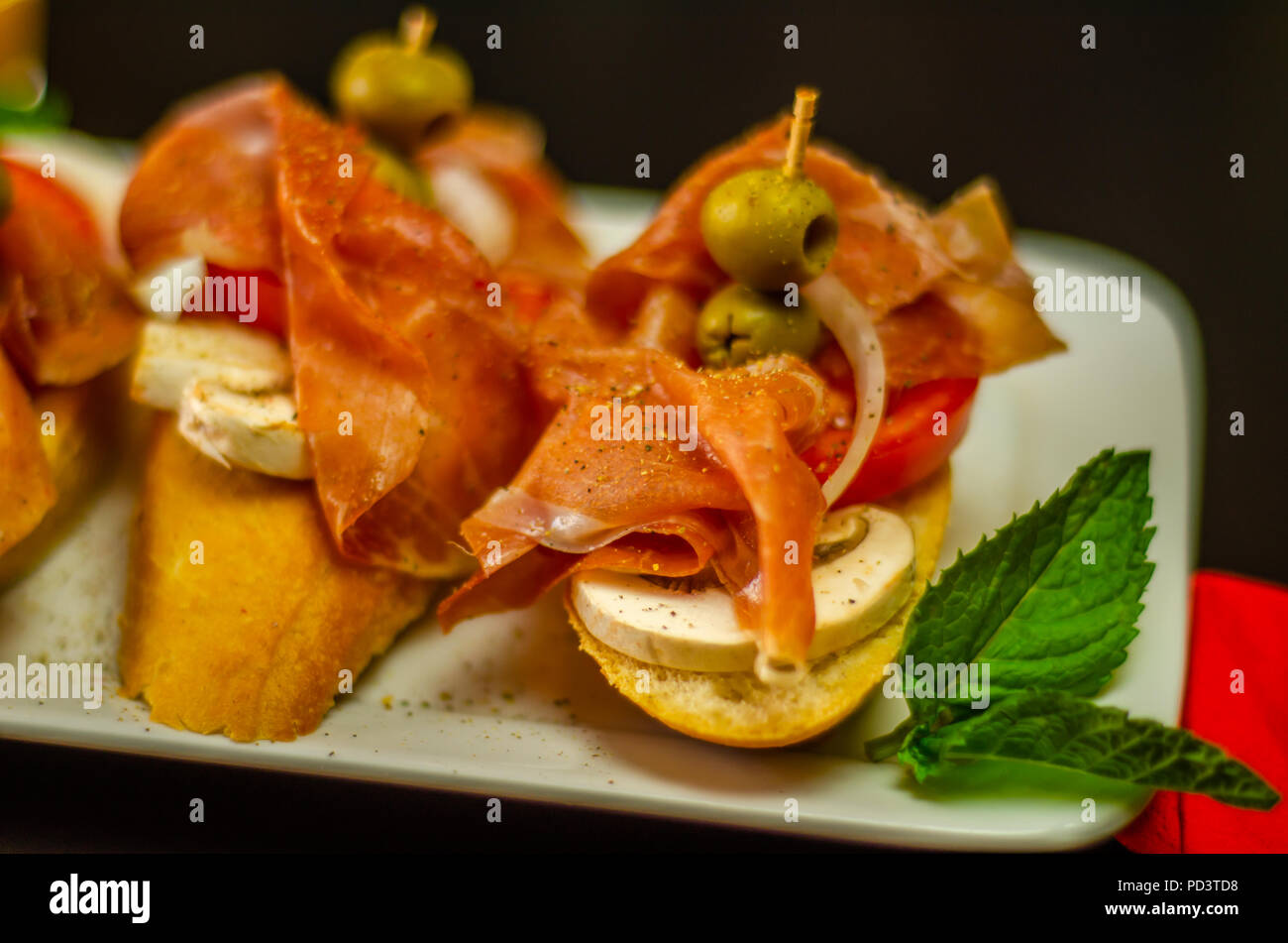 traditional spanish tapas for lunch table, mini sandwiches food set ...