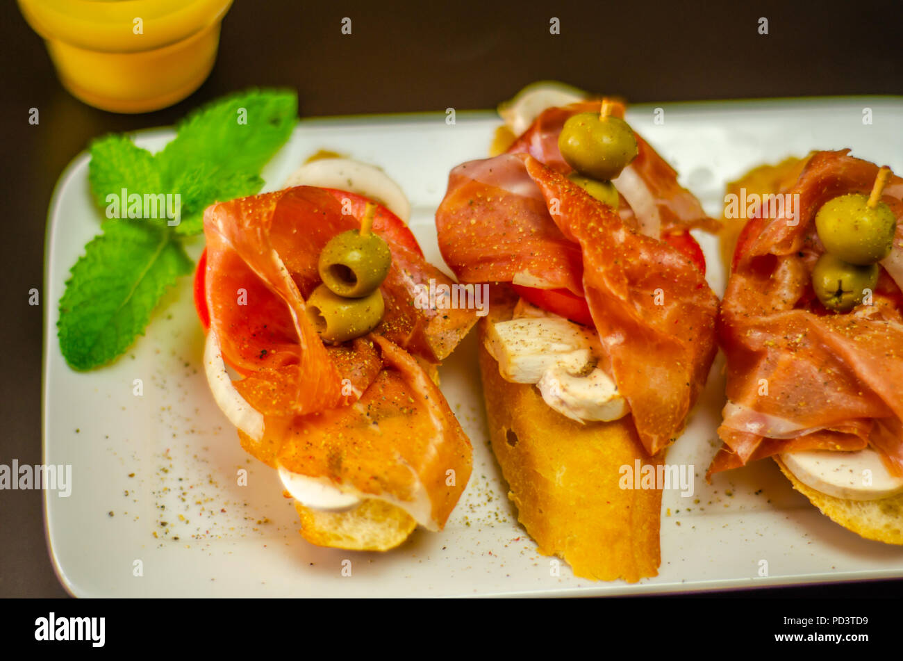 traditional spanish tapas for lunch table, mini sandwiches food set ...