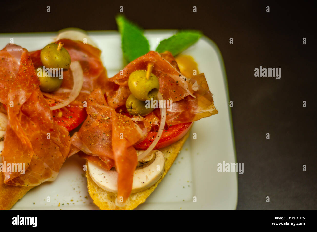 traditional spanish tapas for lunch table, mini sandwiches food set ...